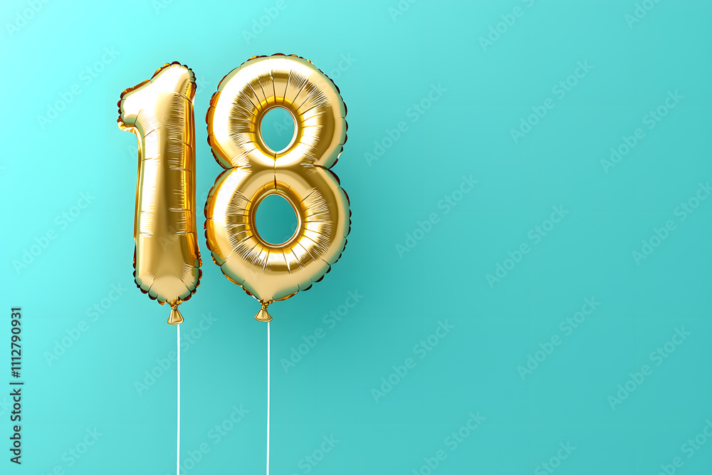 Shiny metallic gold foil balloons form the number 18, creating a ...