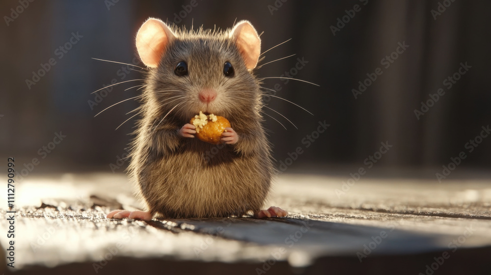 Cute Brown Mouse Enjoying a Snack on a Wooden Surface in a Soft Natural ...