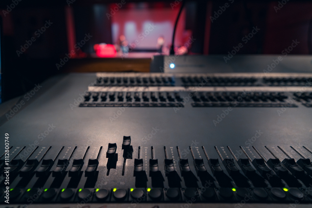 Audio mixing console in theater with blurred stage background Stock ...
