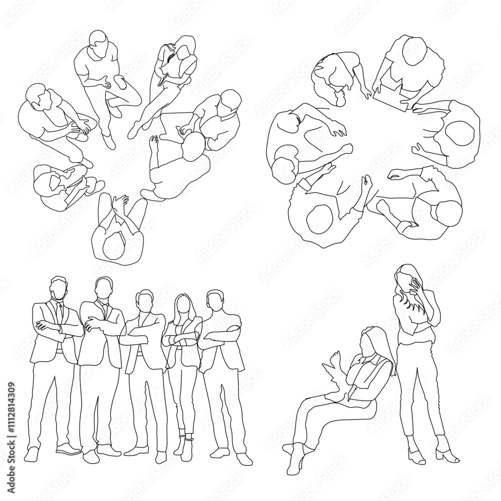 Linear vector illustration of groups of people in various poses and ...