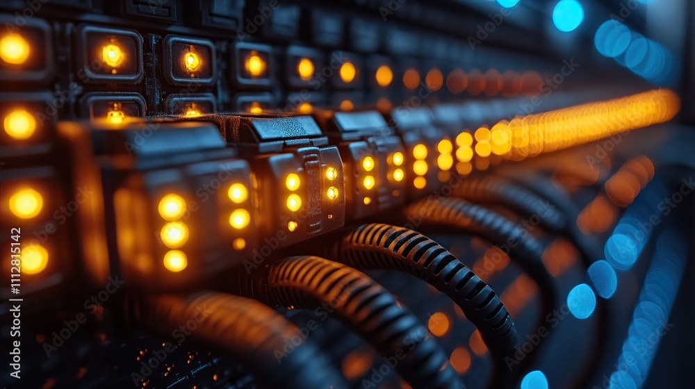 large group of utp cables ethernet cables in rack cabinet utp cables ...