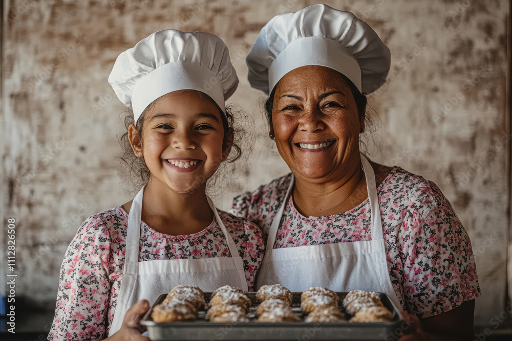 Heartwarming portrait of a mother and daughter baking together, smiling ...