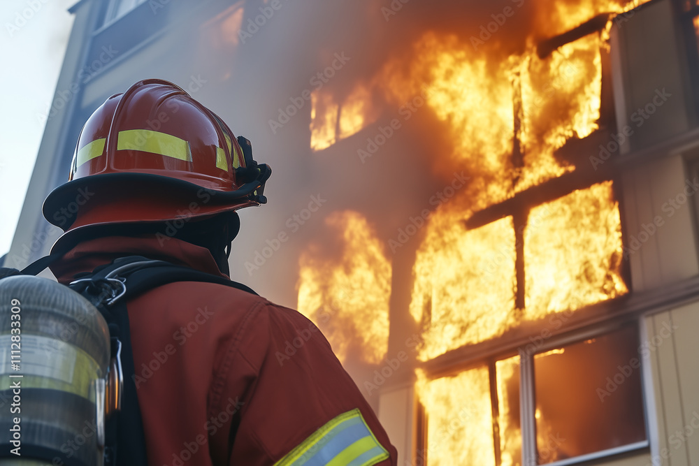 Firefighter person with his back to the camera, unrecognizable. He is ...