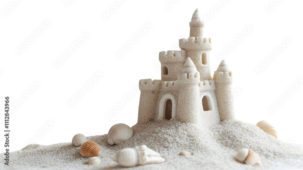 realistic sandcastle figurine with tiny seashells, placed on a seamless ...