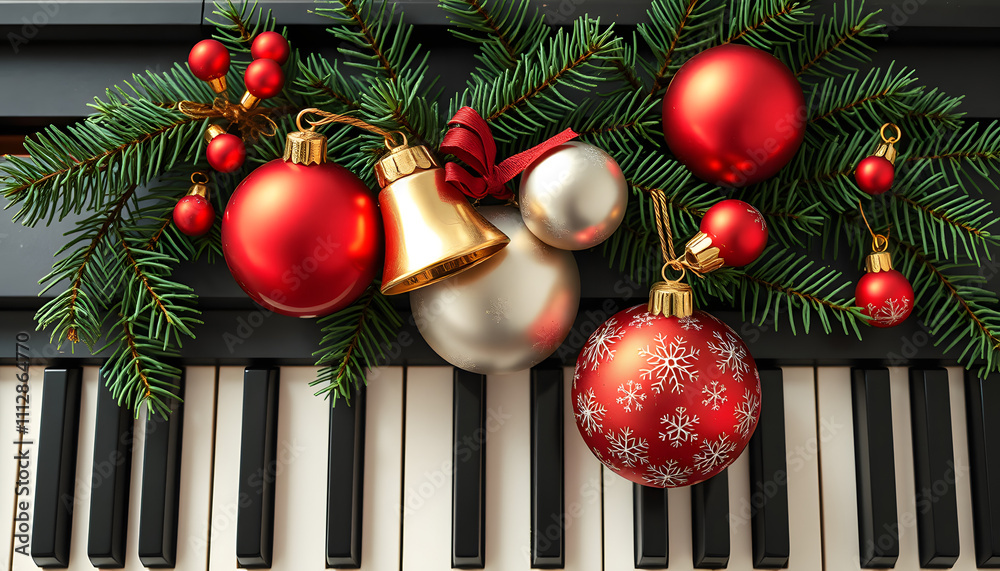Christmas balls, jingle bells and fir branches on piano keys, top view ...