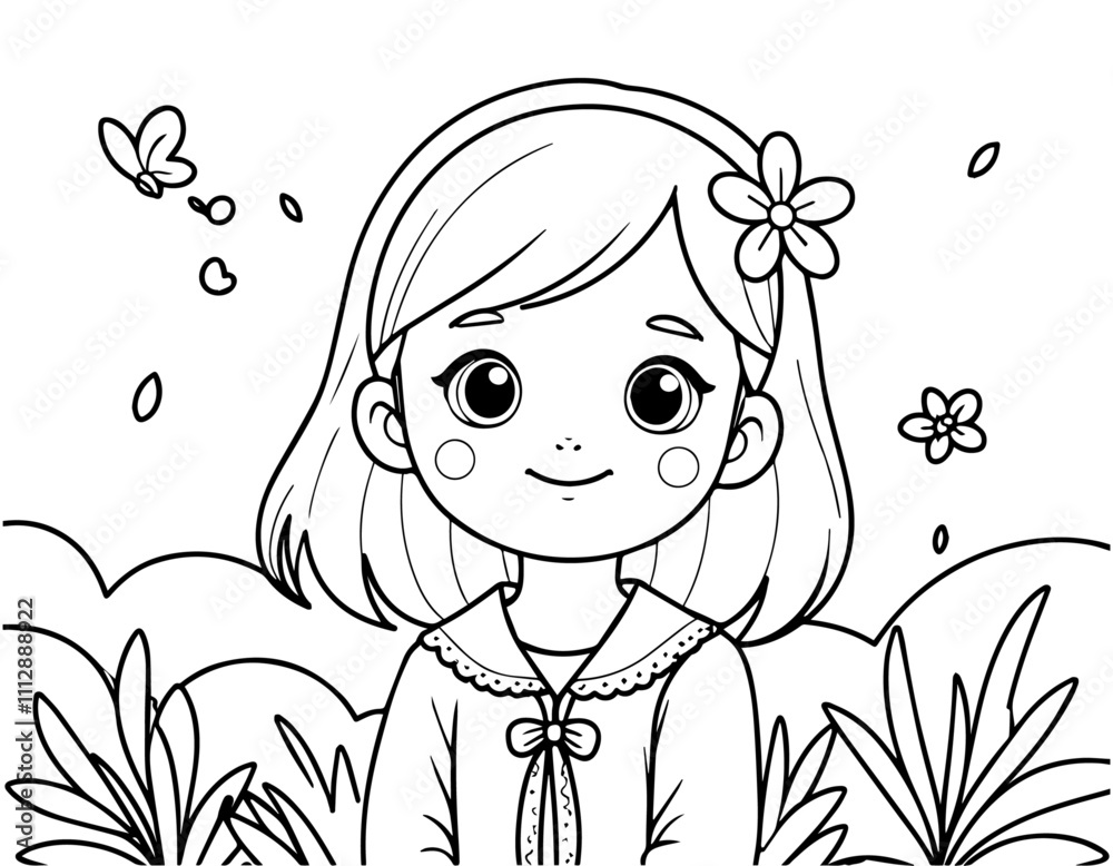 Vector de Stock Coloring page for kid - cute girl in nature. Vector ...