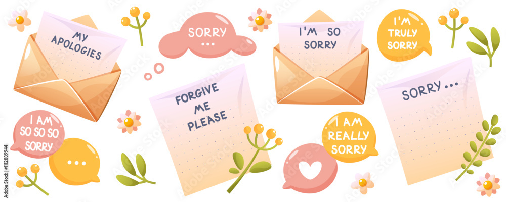 Vector set of handwritten apology letters on paper and in open envelope ...