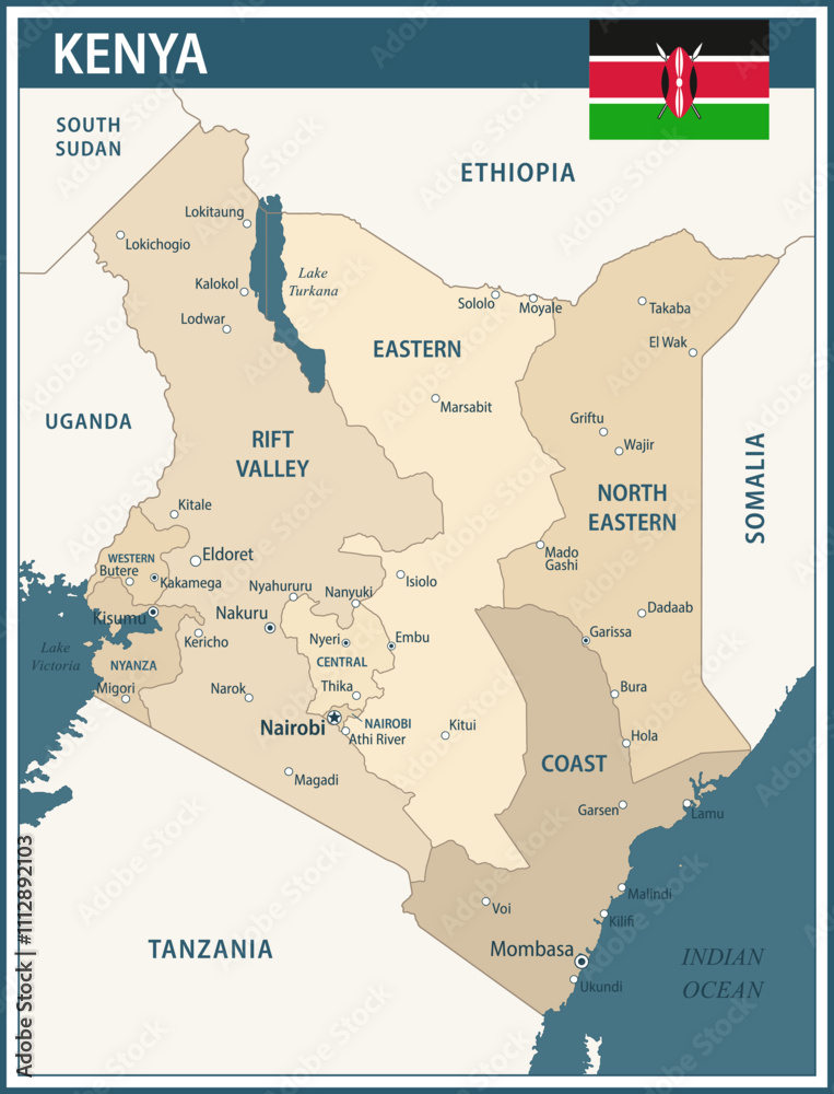 Kenya Map Vector Vintage Dark Blue Beige - Customizable layered ...