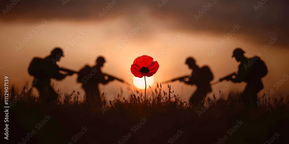 Remembrance Poppy with Silhouettes of Soldiers Fighting in World War ...