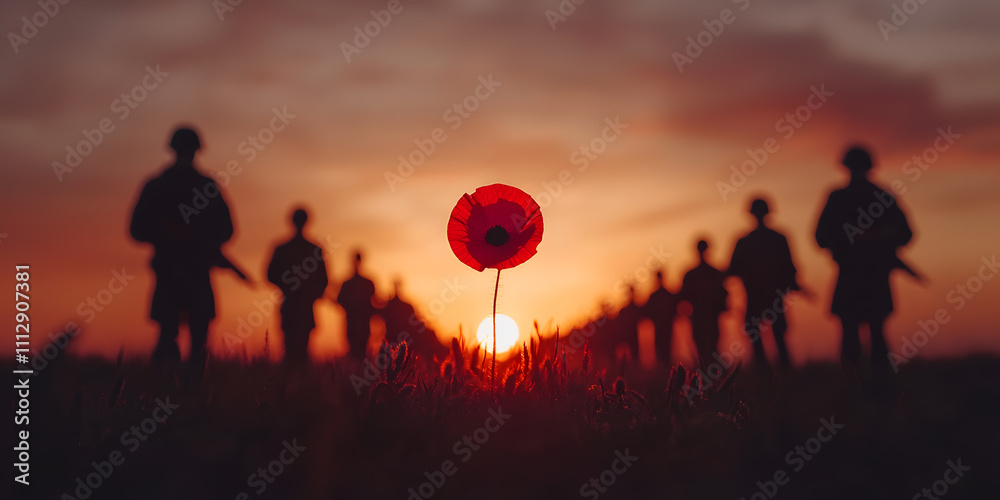 Remembrance Poppy with Silhouettes of Soldiers Fighting in World War ...