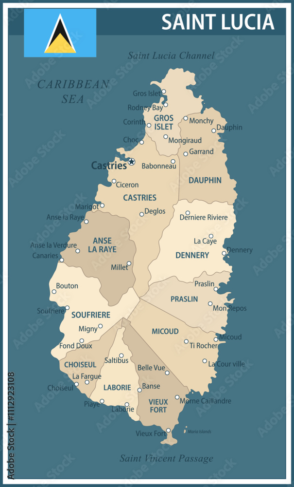 Saint Lucia Map Vector Vintage Dark Blue Beige - Customizable layered ...