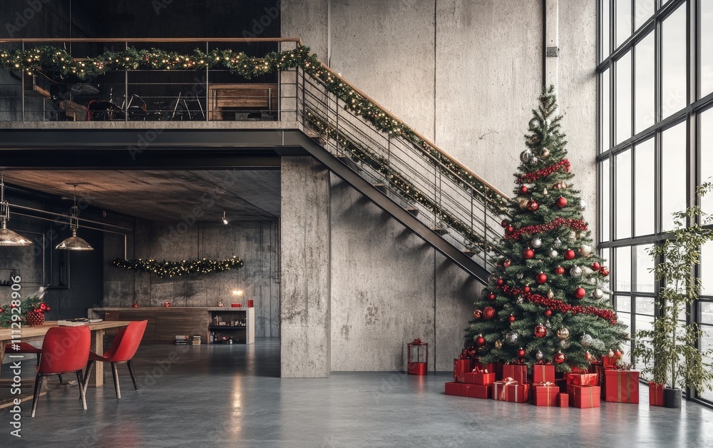 Industrial Christmas Interior A bold industrial-style space with ...