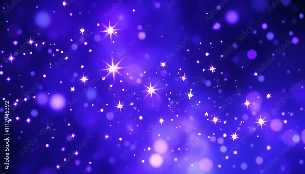 Purple and blue beautiful bright glowing shiny star particles flying in the galaxy in space ...