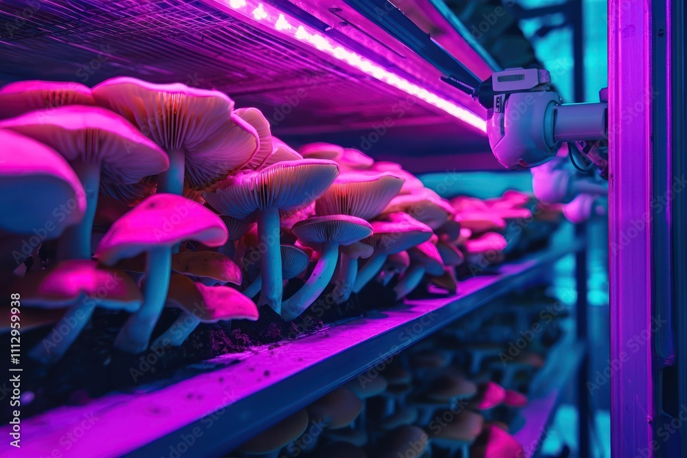 Indoor mushroom farm lit with ultraviolet and purple LEDs, managed by ...