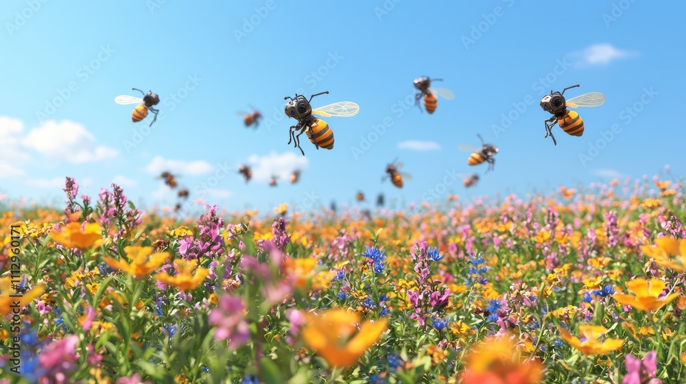 Robotic pollinators resembling futuristic bees flit around colorful ...