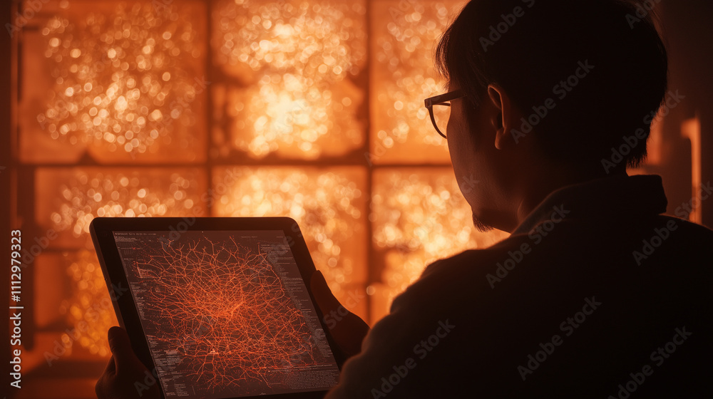 A perspective shot from behind the userâ s shoulder shows the tablet ...