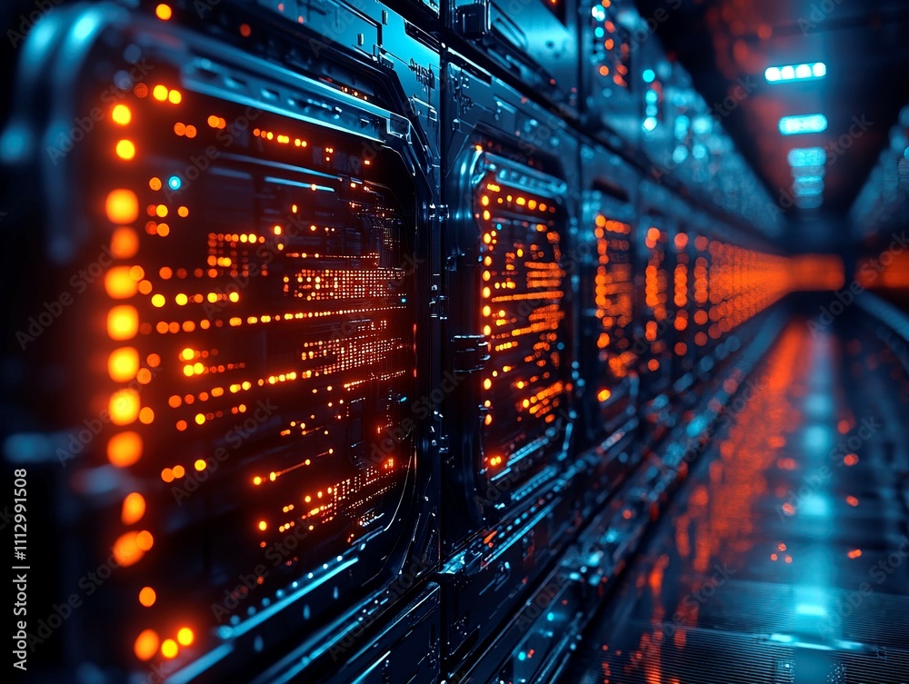 Image of a powered-on data center with multiple server racks, organized ...