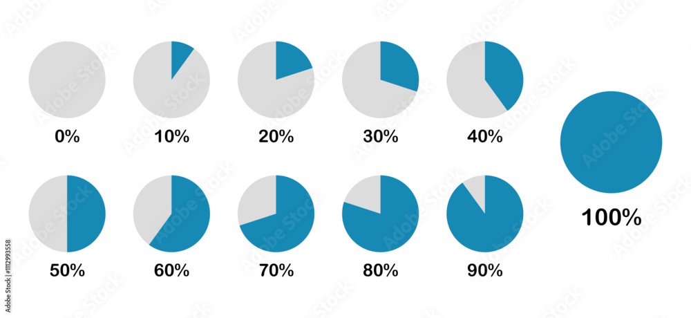 Set of pie chart in blue and light blue color with increasing ...