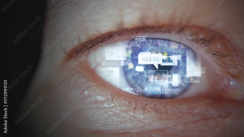 Young man's eye with graphic of social media icons. Addiction and ...