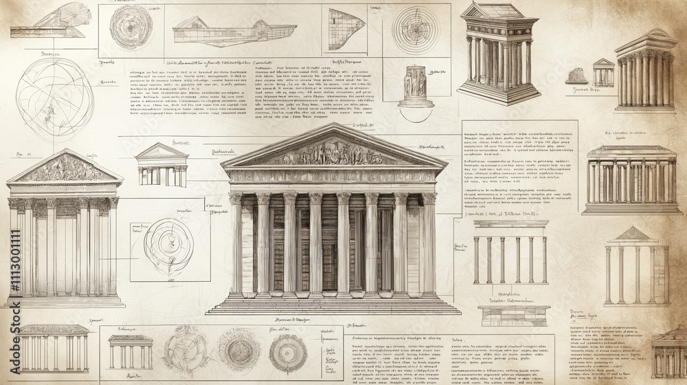 Detailed architectural blueprint of a classical temple with annotated ...