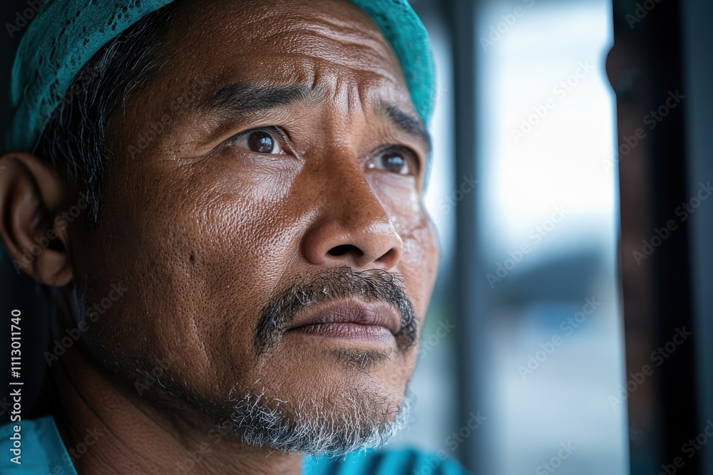 This image captures an intense moment of reflection in a man's gaze ...