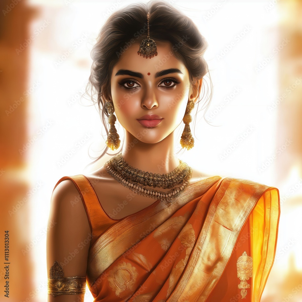 Beautiful Indian woman model wears traditional orange saree and gold jewelry. Elegant and ...
