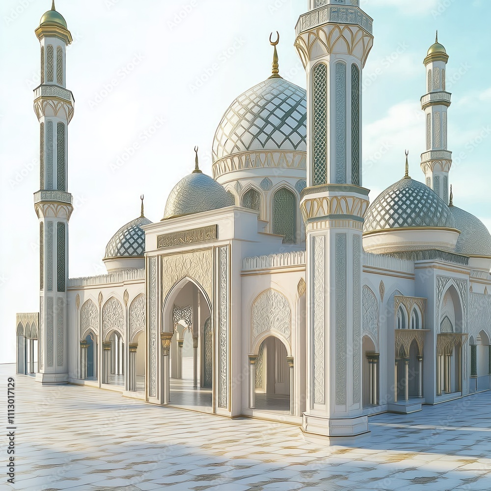 Elegant 3D model of mosque exterior. Architectural design shows ...