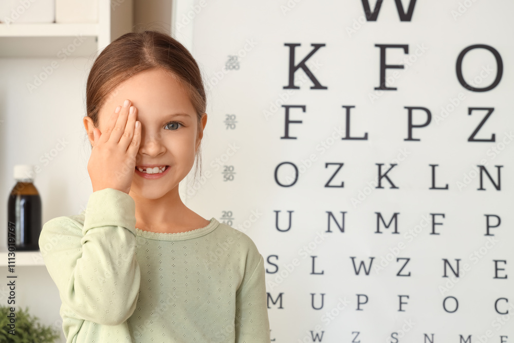 Cute little girl near eye test chart in clinic, closeup Stock Photo ...