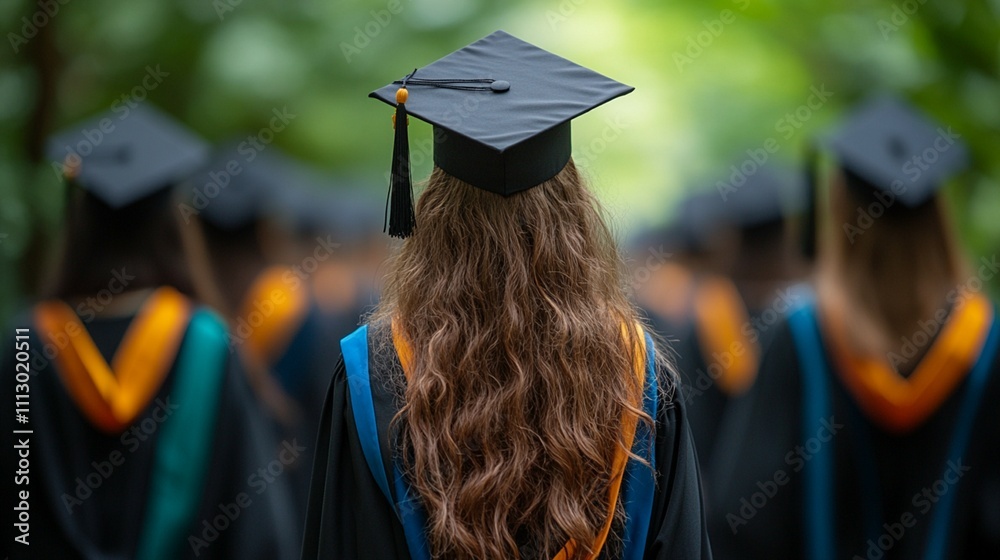 A college teenage girl is seen from behind, wearing her graduation gown ...