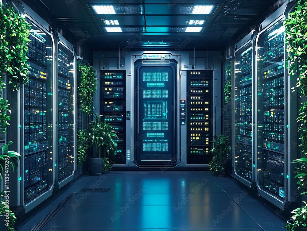 Modern data center interior, rows of servers with multiple screens and ...