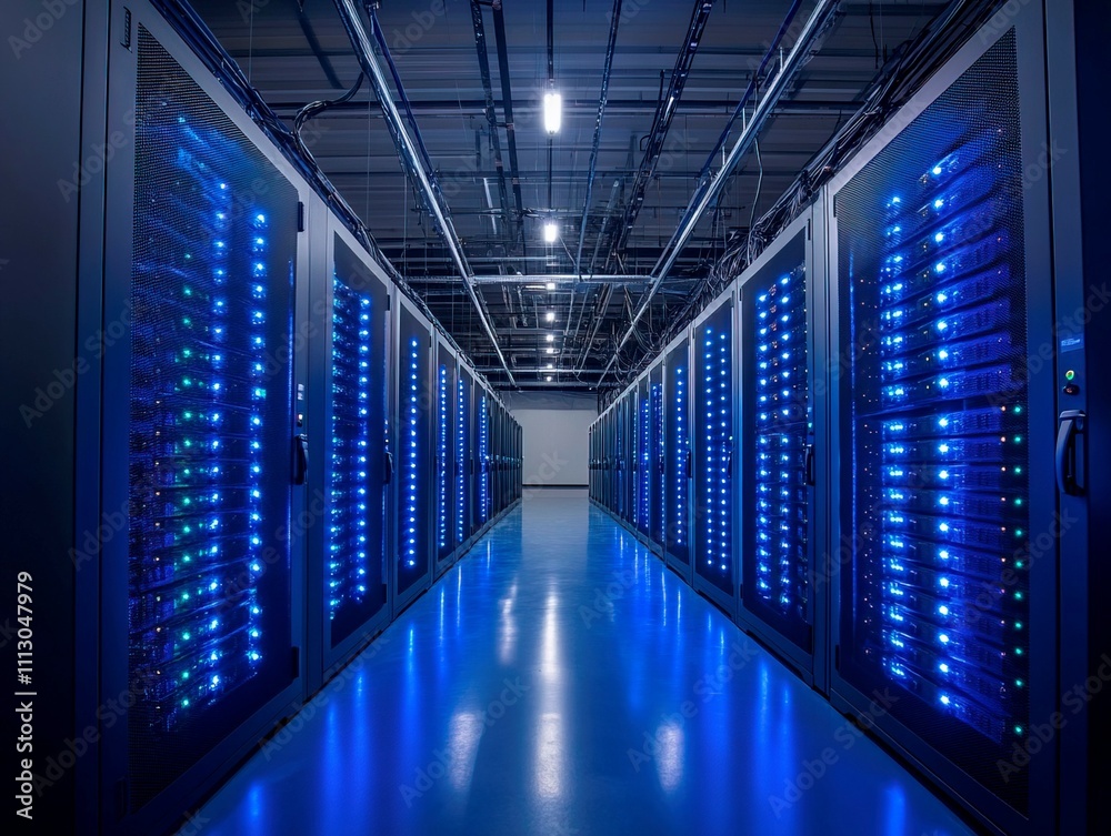 Image shows a data center interior filled with active servers indicated ...