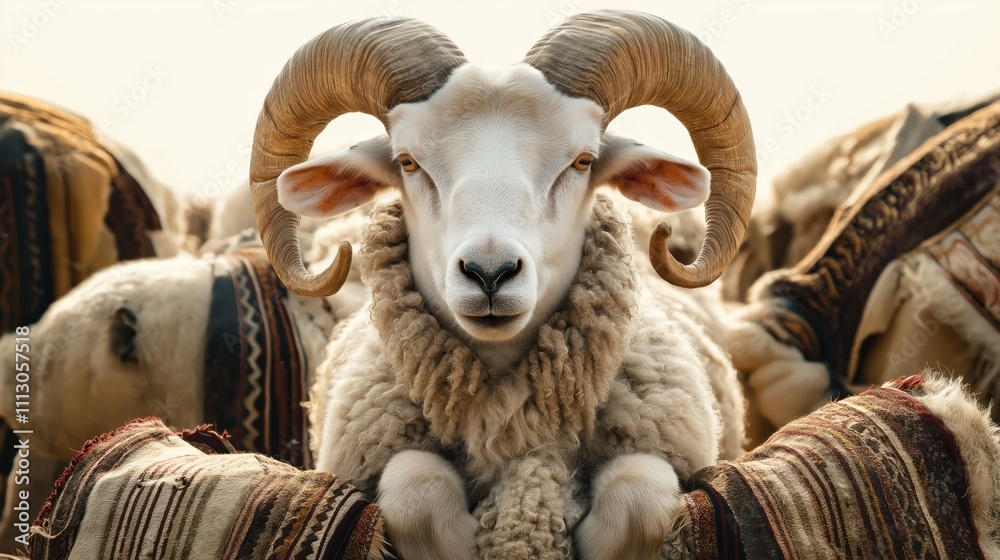 Majestic white ram stands center stage amidst sheep. Eid al-Adha ...