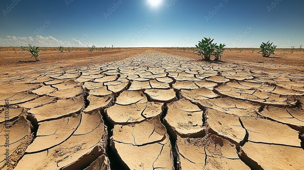 A dried-up riverbed surrounded by wilting plants represents water ...