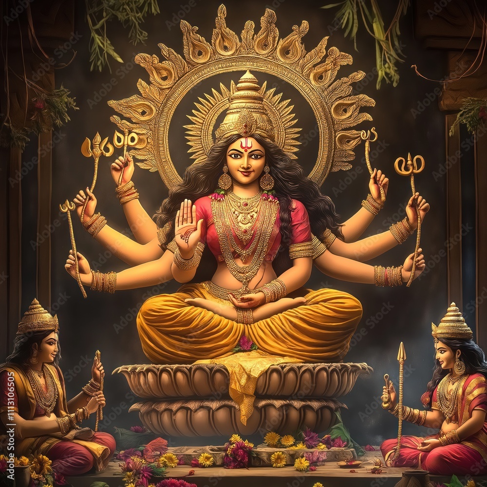 Goddess Durga illustration Navratri festival. Hindu deity seated on ...