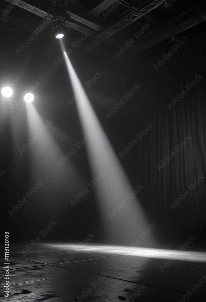Dark stage with single spotlight shining down on a spotlight reflector ...