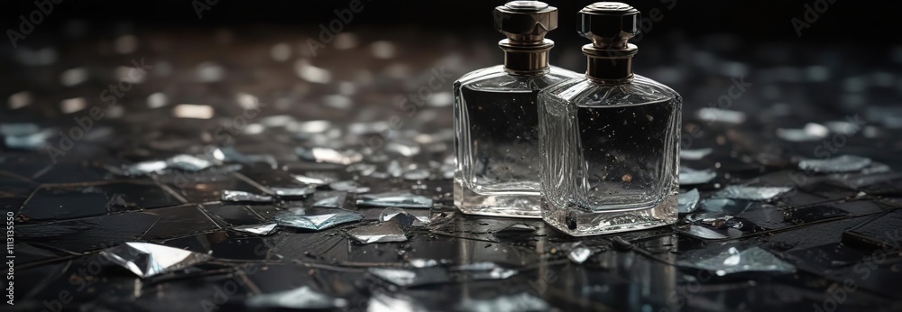 Shattered glass from a perfume bottle creates a mosaic on the ground in ...