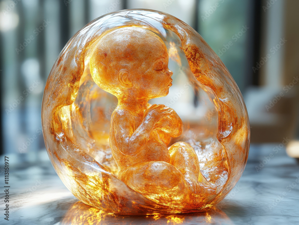Human embryo in uterus. Unborn baby, pregnancy. Fetus in the womb prior ...