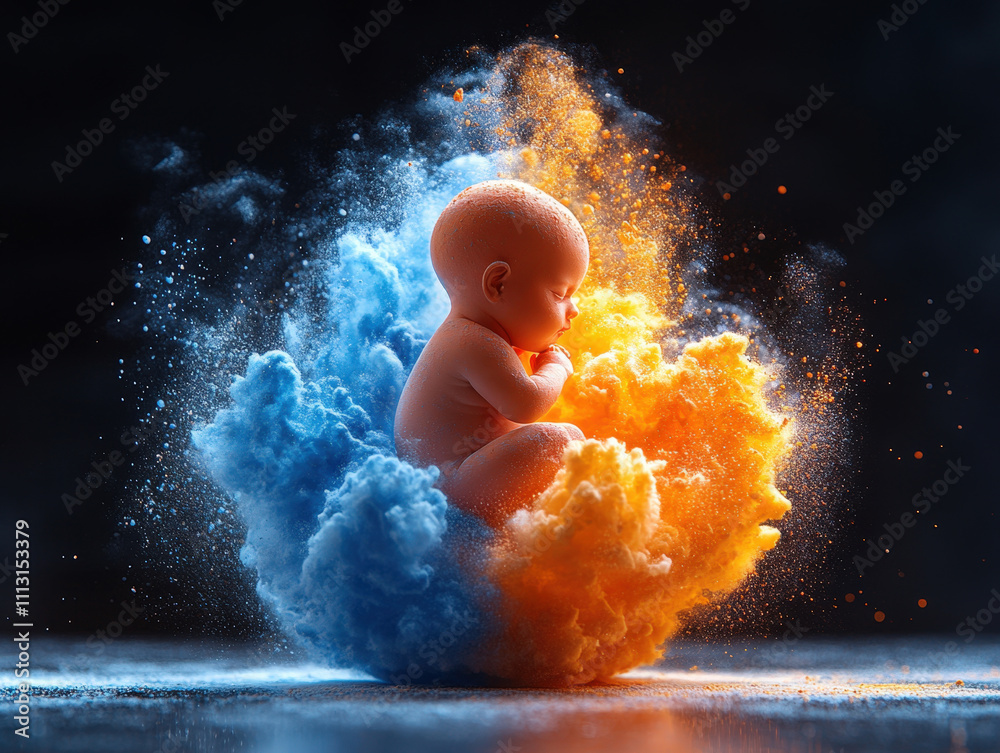 Human embryo in uterus. Unborn baby, pregnancy. Fetus in the womb prior ...