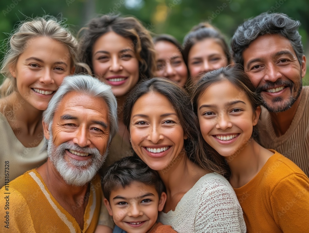 Happy family members close together. Grandparents and parents with kids ...