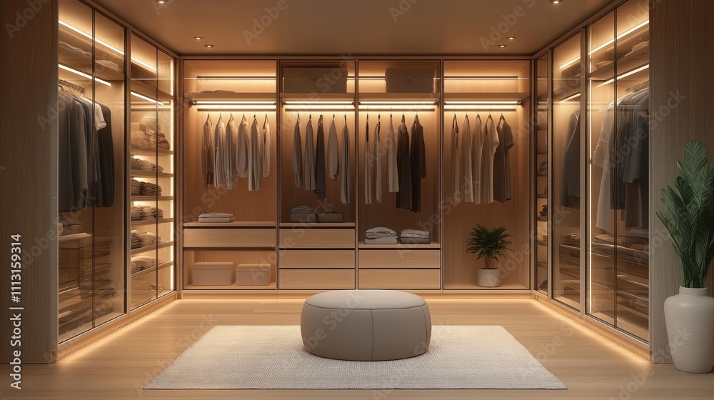Luxury walk-in closet boasts warm light wooden cabinetry. Clear glass ...