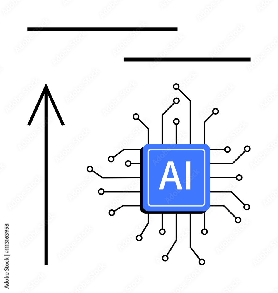 Blue AI chip with circuit lines connecting, large upward arrow, and two ...