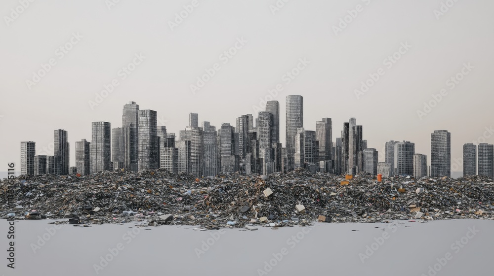 Modern city built on a pile of garbage illustrating pollution issues ...