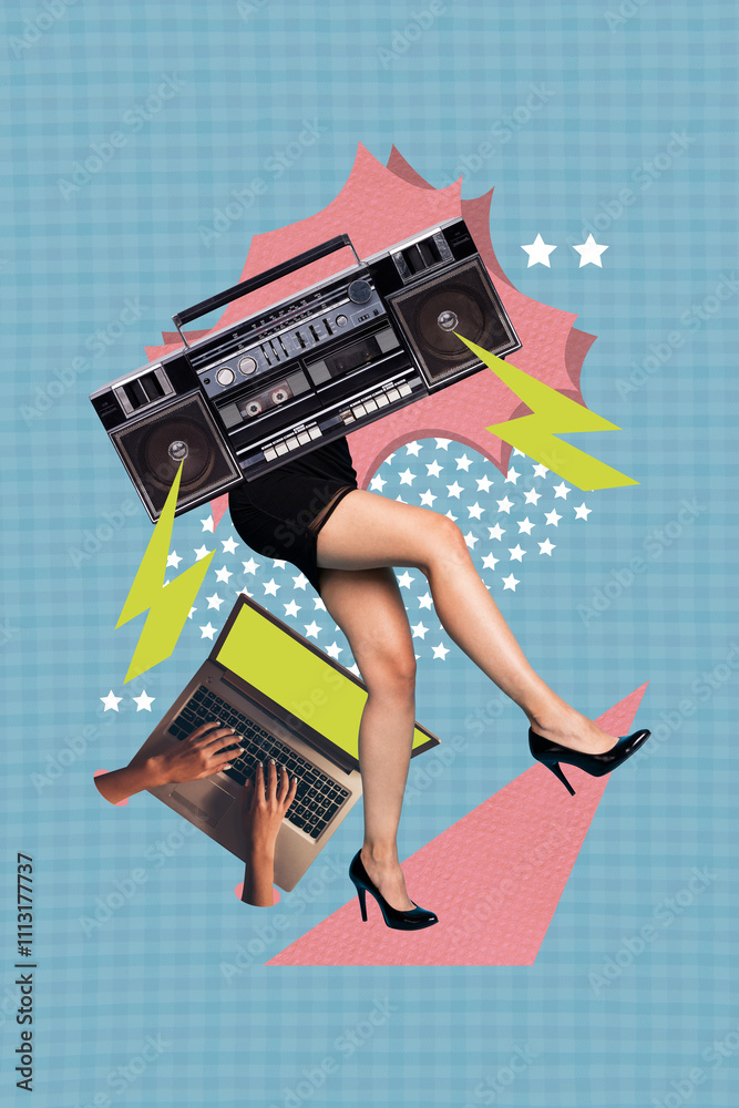 Vertical photo collage of anonym headless girl dance instead body retro boombox player hands ...