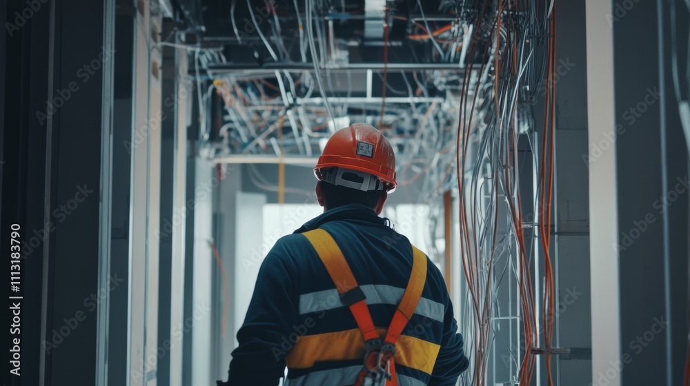 A construction worker inspecting electrical wiring in a newly ...