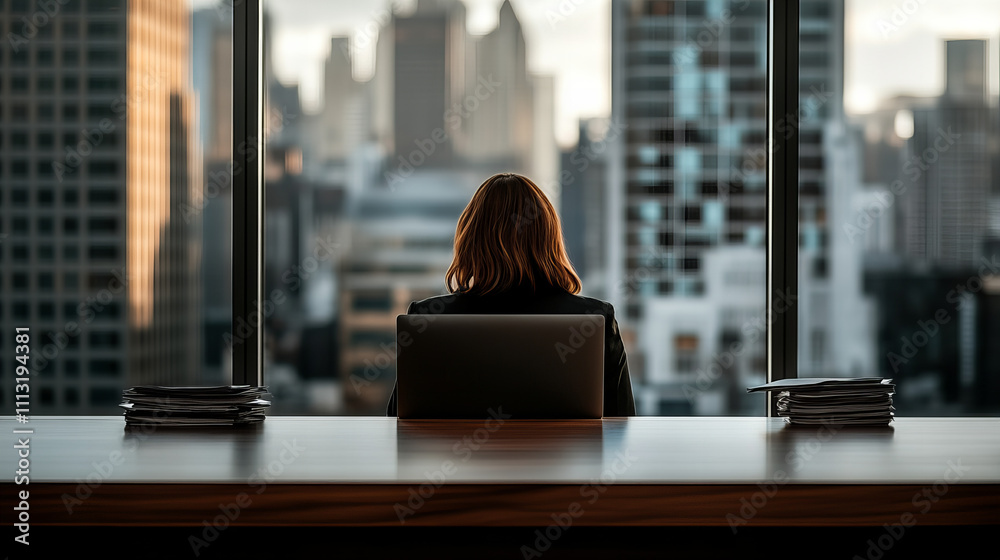 CEO sits confidently at a minimalist desk overlooking a city skyline ...