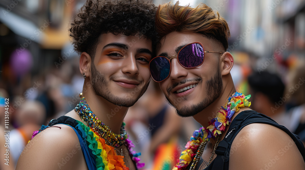 Two young men smiling at pride parade symbolizing love and equality ...
