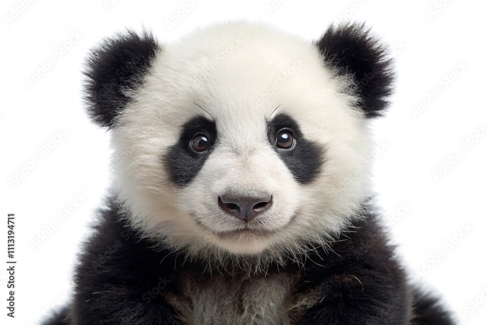 Adorable baby panda cub close-up portrait against white background ...