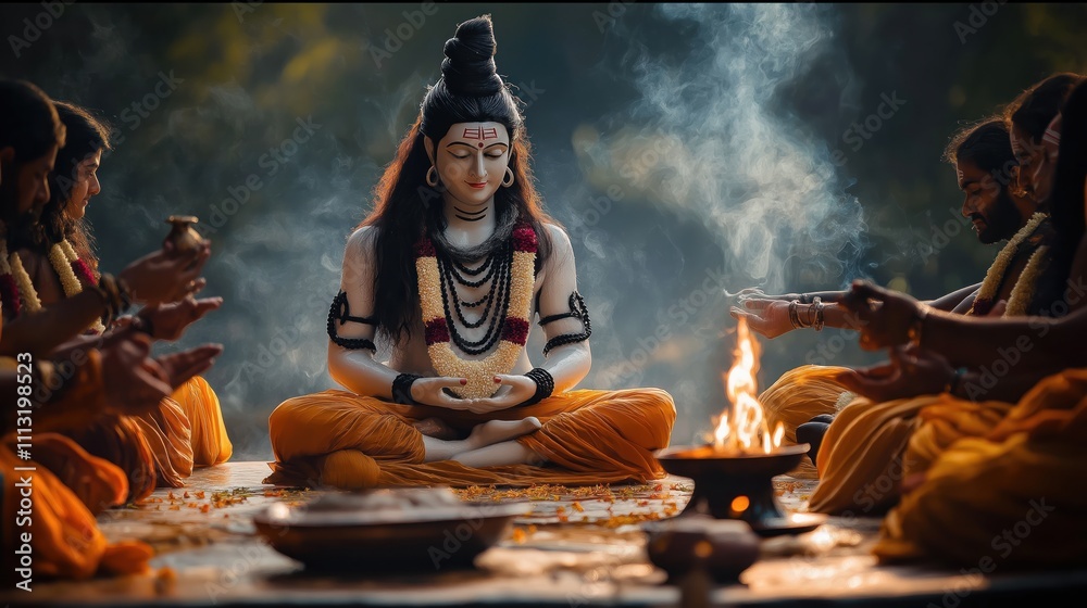 Hindu devotees in prayerful posture for Lord Shiva morning ritual ...