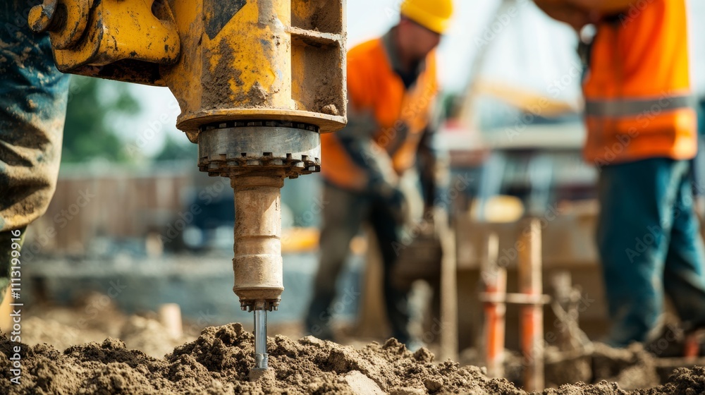 A detailed view of construction engineers conducting soil compaction ...