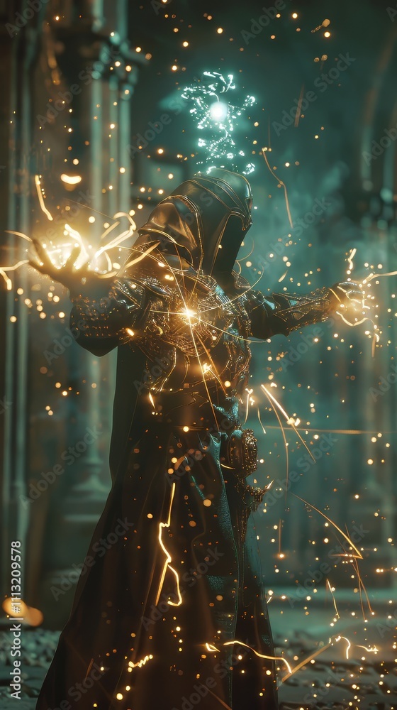 Dark Sorcerer's Enchanting Power: A hooded figure, cloaked in shadows ...